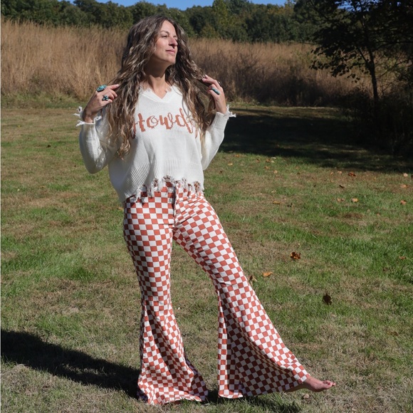 Jeans | Checker Denim Stretchy High Waist Boho Bell Bottom Flare Jeans ...